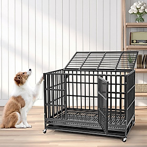 48 Inch Heavy Duty Indestructible Steel Dog Crate XXL Escape-Proof Double Door Pet Dog Cage with Lockable Wheel, New Upgraded Thickened Base Plate & Removable Tray,Black