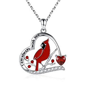 Red Cardinal Necklace 925 Sterling Silver I am Always With You Memorial Pendant Jewelry Gifts for Women (01 Red Heart Cardinal)