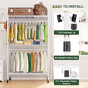 LEHOM G1 Heavy Duty Clothes Rack, 3 Tiers Rolling Garment Rack for Hanging Clothes, Adjustable Wire Clothing Rack with Storage Shelves, Lockable Wheels Freestanding Closet Wardrobe for Bedroom, White