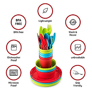 PLASKIDY Kids Plastic Dinnerware Set - 36 Pc Reusable Children's Dinner Set Microwave/Dishwasher Safe BPA Free Toddler Dishes Dinnerware Set Includes Kids Plates and Bowls Kids Cups & Flatware.