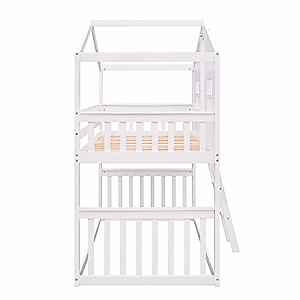 Merax Twin Over Twin House Bunk Bed with Ladder, Twin Wood Bed Frame with Roof Design, Bunk Bed for Teens, Boys and Girls, White