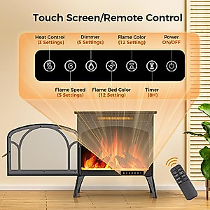 Joy Pebble Electric Fireplace Heater, Free-Standing 3D Infrared Fireplace Stove with Remote Control &Timer, Adjustable Flame Colors, Brightness and Speed, Overheating Protection, 5100 BTU,1500W