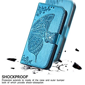 Designed for iPhone 13 Case Wallet for Women,Flip Folio Cover with Butterfly Embossed PU Leather Kickstand Credit Card Holder Slots Magnetic Wrist Strap Protective Phone Case for iPhone 13 (Blue)