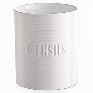 LIFVER Kitchen Untensil Holder, 7.1″ Extra-Large Ceramic Stable Utensil Holder for Kitchen Counter, White Utensil Crock for Vintage Farmhouse Kitchen Décor, with Table-Protection Cork Mat