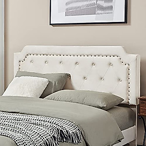 SunsGrove Queen Bed Frame, Velvet Upholstered Platform Bed with Curved Button Tufted Headboard with Nailhead Trim, Solid Wooden Slats Support, No Box Spring Needed, Beige