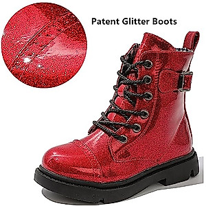 DADAWEN Boys Girls Glitter Ankle Boots Lace Up Waterproof Combat Boot With Side Zipper (Toddler/Little Kid/Big Kid) Red Glitter US Size 13 M Little Kid