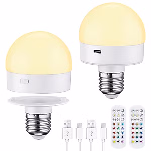 SURAIELEC Rechargeable Light Bulbs, Remote Control Battery Light Bulb with Timer, Dimmable, 3 Color Temperatures, E26 Cordless Bulbs for Wall Sconces, Power Outage Night Light, 2 Pack