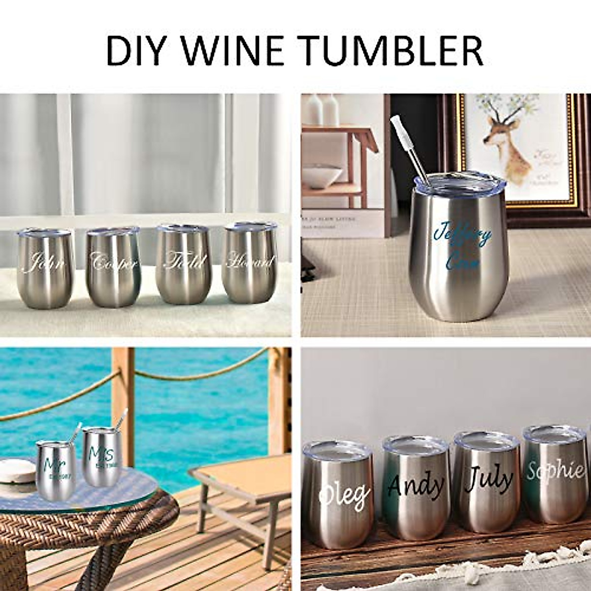 Stainless Steel Wine Tumbler 12Oz, Double Wall Vacuum Insulated Wine Tumbler with Lid and Straw, Stainless Steel Stemless Wine Glass for Wine, Coffee, Cocktails, Champaign, Ice Cream, Silver…