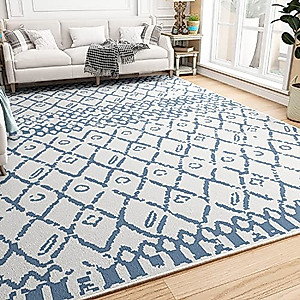 Washable Boho Blue Area Rug - 5x7 Feet Modern Carpet with Non-Slip Backing Neutral Room Decor for Living Room Bedroom Playroom Entryway Entrance Indoor