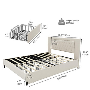 YITAHOME King Size Bed Frame, Storage Bed Frame with 4 Drawer Storage & Diamond Button Tufted Headboard, Contemporary Upholstered Platform Bed Frame, Box Spring Not Required, Beige