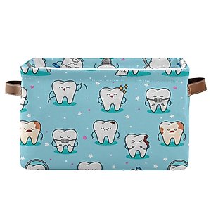 Blue Teeth Storage Basket Collapsible Storage Bins Cubes Fabric Clothes Hamper Box Toy Chest Gift Baskets for Shelves Home Nursery Shoes Office with Leather Handles