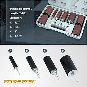 POWERTEC 71634 20-Piece Drill Press Sanding Drum Kit w/ ¼ and 1/8 inch Shanks, Spindle Sander Sleeves, Tool Carrying Case