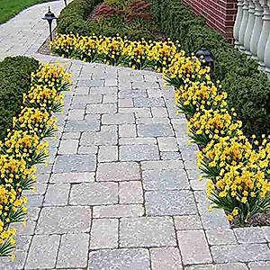 Lesix 8Pcs Artificial Flowers Outdoor UV Resistant Plants, Faux Plastic Greenery Shrubs Plants Indoor Outside Hanging Planter Kitchen Home Wedding Office Garden Decor Yellow