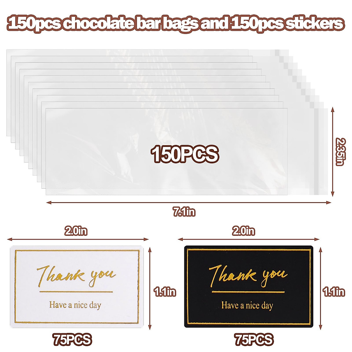 Mity rain 150 Pcs Knafeh Pistachio Chocolate Bar Wrappers Packaging with 150pcs Thank You Stickers, Clear Self Sealing Cellophane Bags for Candy Bar, Cookies, Treat, Party Favor
