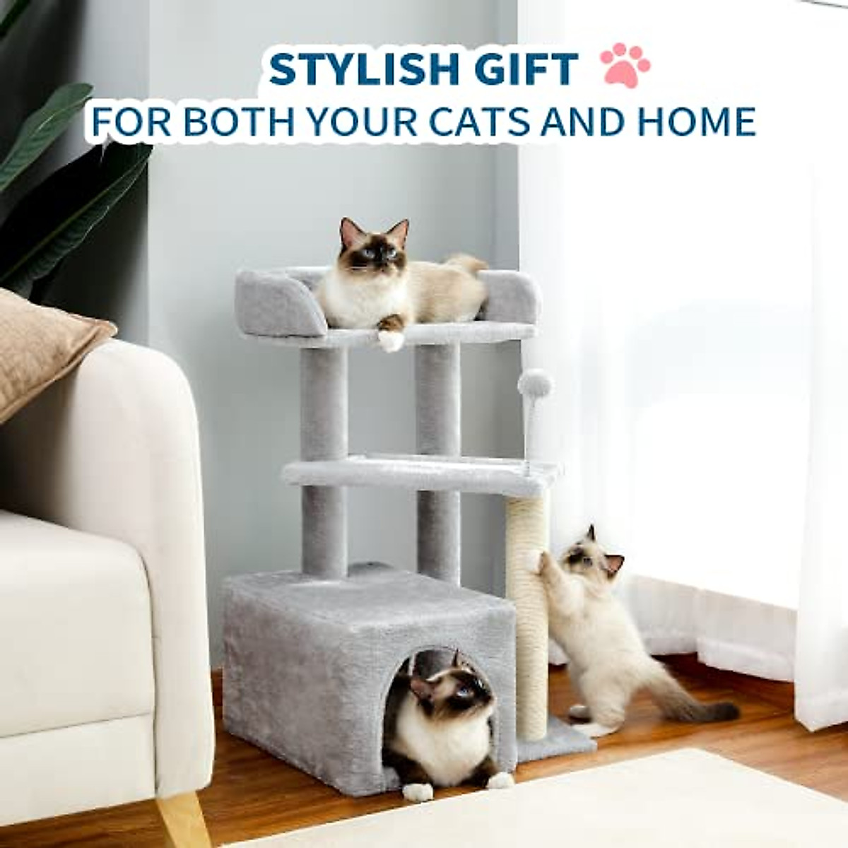 Made4Pets Cat Tree, Carpet Cat Tower Grey for Indoors Cats, Cute Wood Kitty Condo with Scratching Post and Pad, 27" Multi-Level Modern Activity Climbing Furniture for Small and Medium Cats