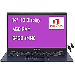 Asus Vivobook E410MA Thin and Light Business Laptop 14” HD Display Intel Celeron N4020 4GB RAM 64GB eMMC Intel HD Graphics 600 USB-C HDMI Office 365 Win10 (Star Balck)+ HDMI Cable