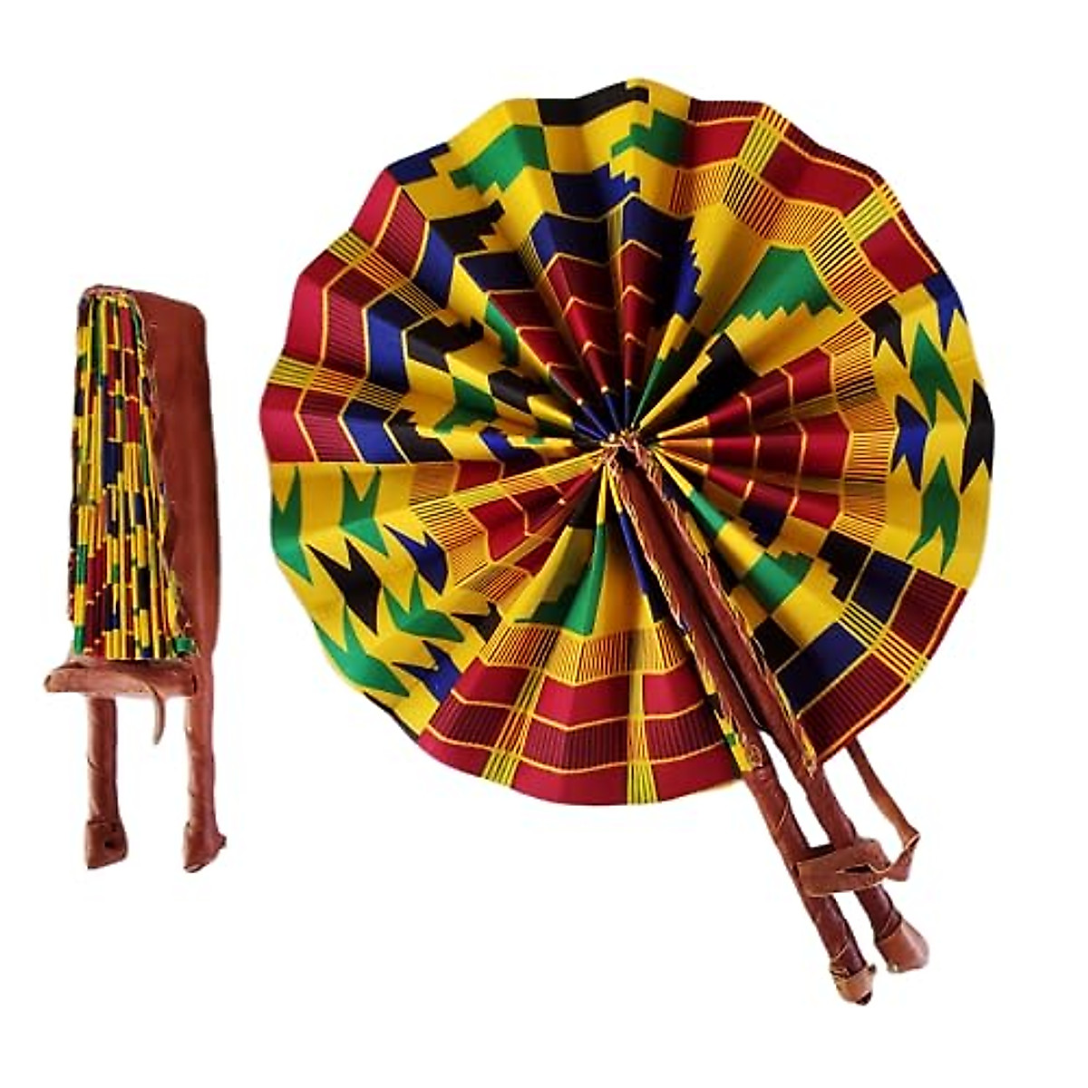 African Fabric Folding Fan: Church, Ankara, Multicolor, Leather, Wedding, Sports, and Pouch Included