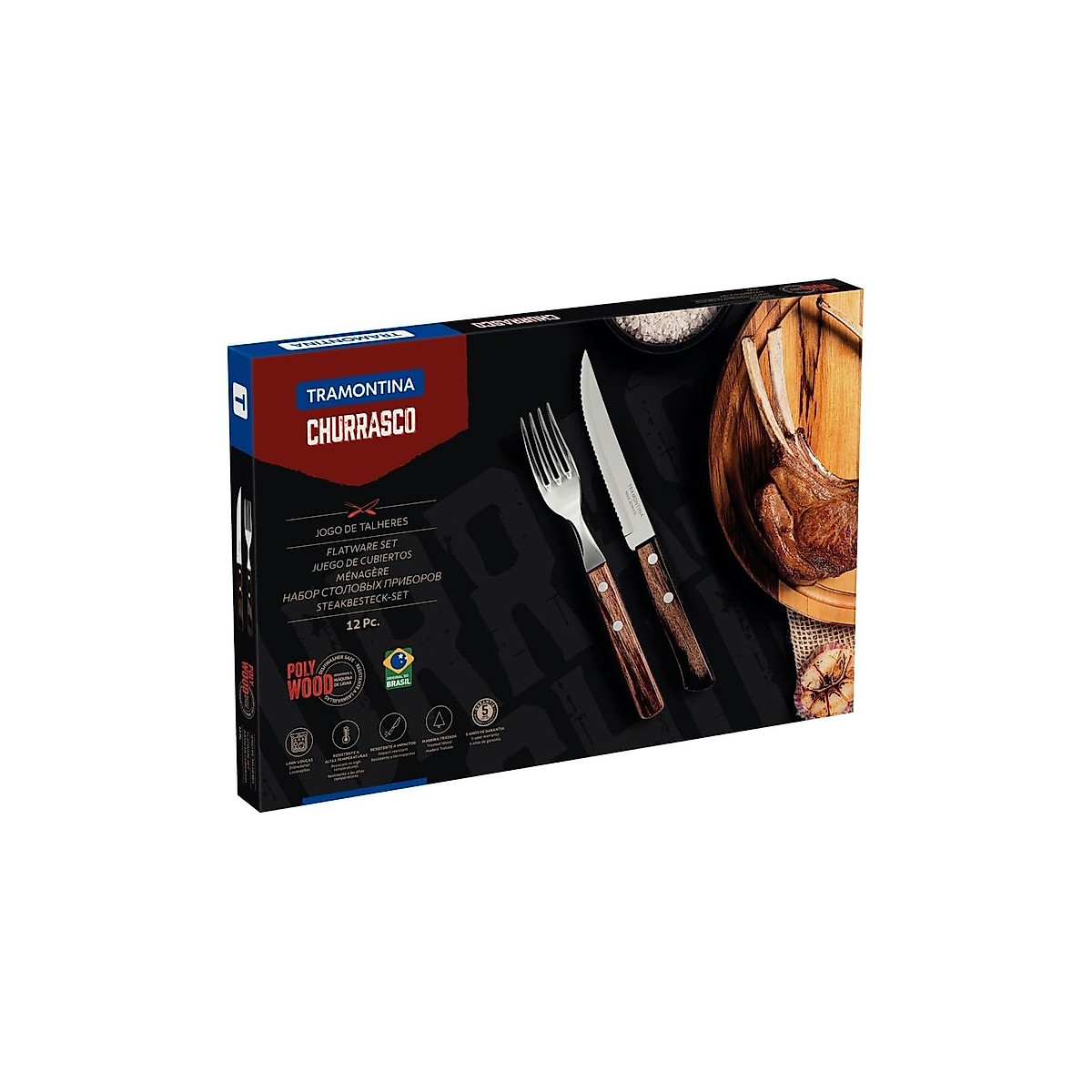 Tramontina Cutlery Set with Steak Knives, 12 Piece Sharp Knife and Fork Set with Wooden Handles, ‎Camping, Kitchen, Rustic, Dishwasher Safe, 29899199