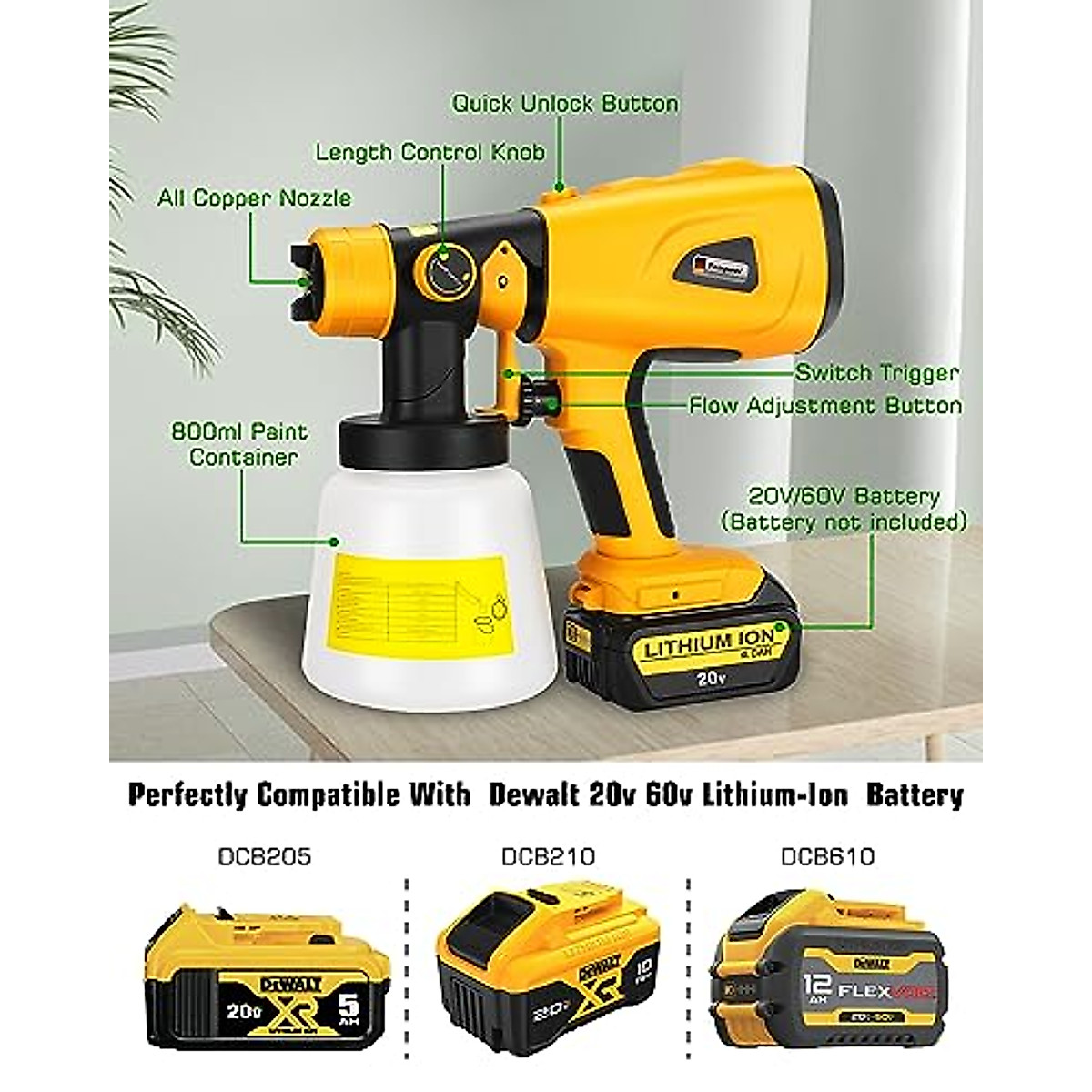 Cordless Paint Sprayer for Dewalt 20v 60v Battery,HVLP Paint Sprayer Gun for Cabinets Cars Walls Furniture House Painting (Tool Only)