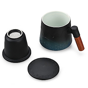 NCQIXIAO Tea Cup with Infuser and Lid, Gradual Mountain and Spray Tea Mug Cups with Infuser, Wood Handle Ceramic Coffee Mug with Lid Tea 430ml/14.50 OZ (Gradient Blue)