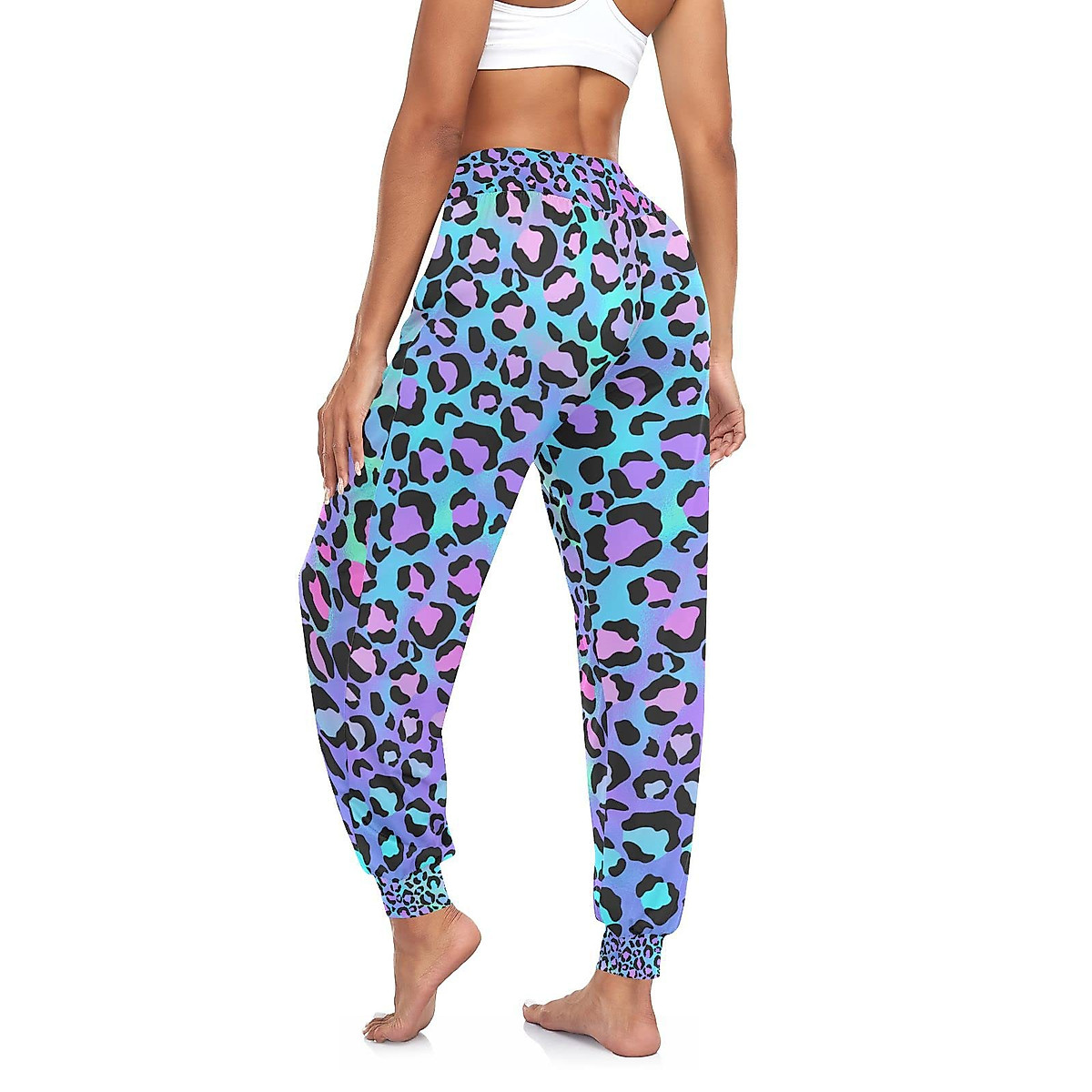Aflyko Leopard Print Neon Women Dance Pants Boho Trousers Yoga Sweatpants Moisture-Wicking Casual Pants Sportwear L