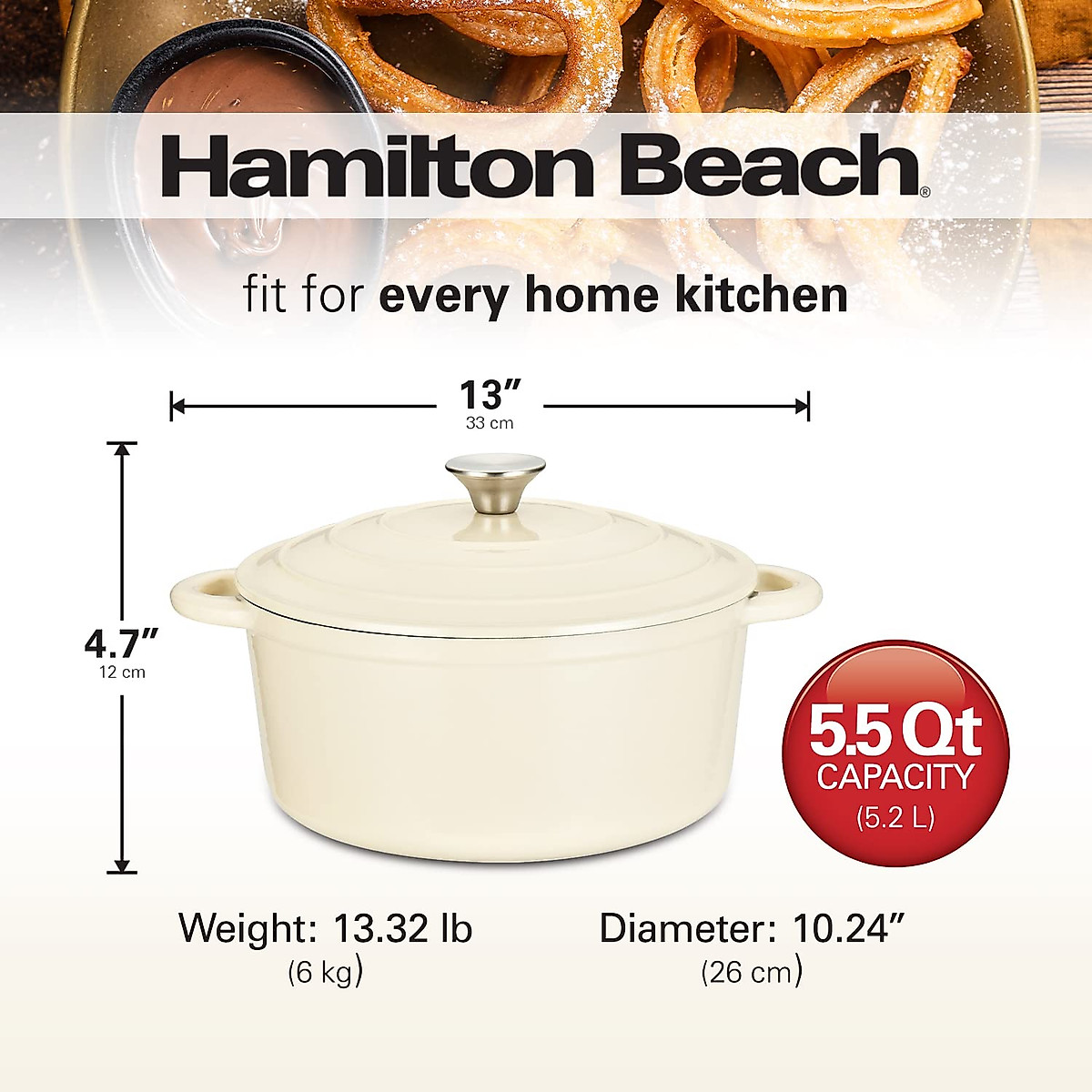 Hamilton Beach Enameled Cast Iron Dutch Oven 5.5-Quart Cream, Cream Enamel Dutch Oven Pot with Lid, Cast Iron Dutch Oven with Even Heat Distribution, Safe Up to 400 Degrees, Durable