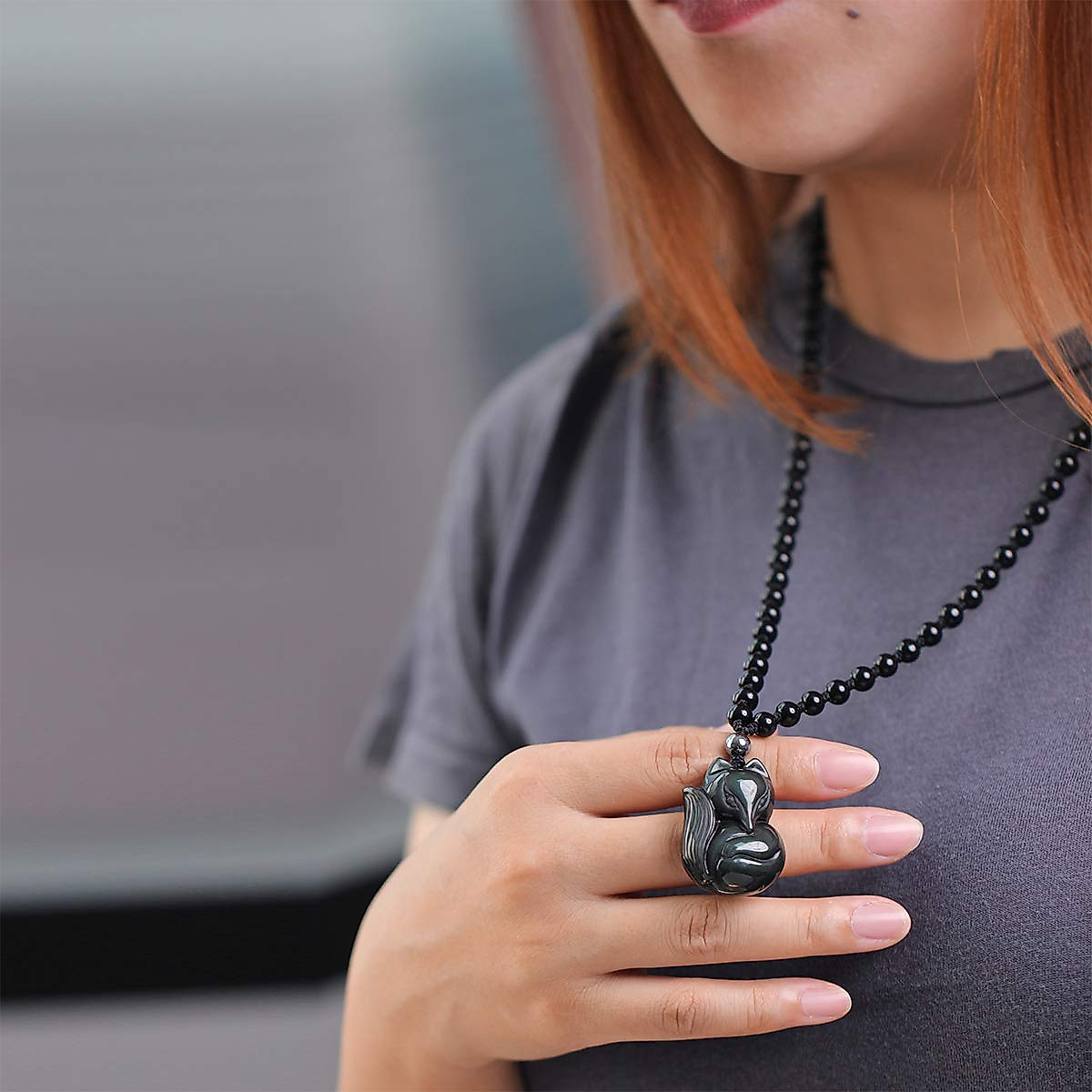 Jewever Black Obsidian Lucky Fox Necklace Natural Stone Healing Crystal Pendant Protection Amulet/Talisman Gemstons Pendant Jewelery