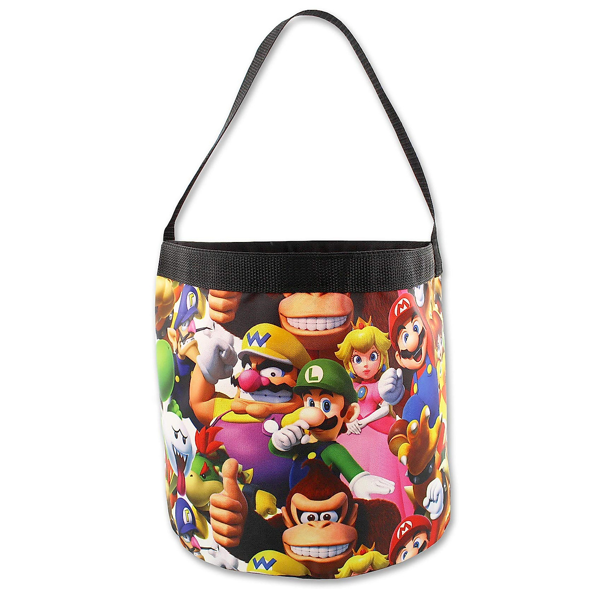 Super Mario Brothers Collapsible Nylon Gift Basket Bucket Tote Bag (One Size, Black/Multi)