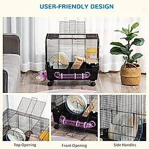 PawHut 2-Tier Hamster Cage, Small Animal Habitat for Rats, Gerbils, Mesh Wire Ventilated Enclosure with Exercise Wheel, Water Bottle, and Food Dishes
