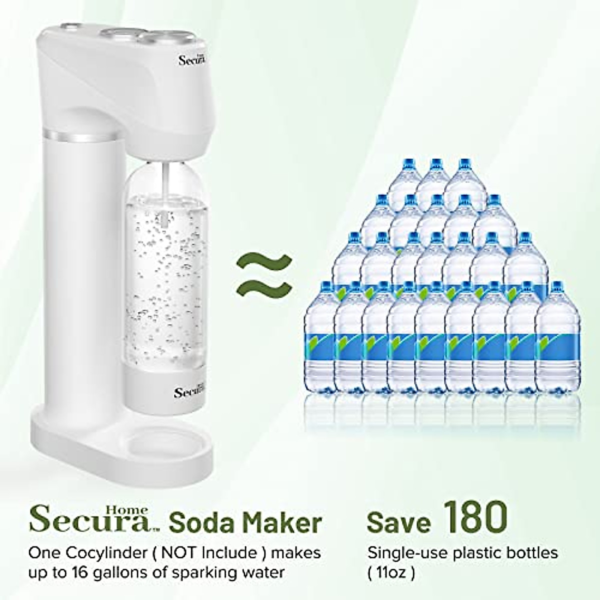 Secura Home Sparkling Water Machine, Cordless Soda Maker with Pressure Gauge, Quick & Customize Carbonation for Any Drink, with BPA Free PET Bottle, Compatible 60L CO2 Exchange Cylinder (NOT Included)