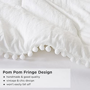 Codi White Boho Queen Comforter Set, Aesthetic Luxurious Pom Fringe Design Bedding Full, Cute Soft Washed Microfiber Bed Sets, Lightweight Chic 3pcs,1 Comforter & 2 Pillowcases (90x90 Inches)