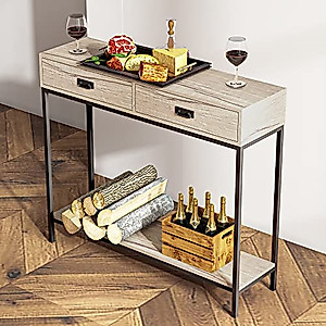 roomfitters Oak Wood Console Table with 2 Drawers, Hallway Foyer Table with Storage Shelves, Narrow Long Sofa Table, Side Table for Living Room, Hallway, Black Metal Frame, Rustic Brown