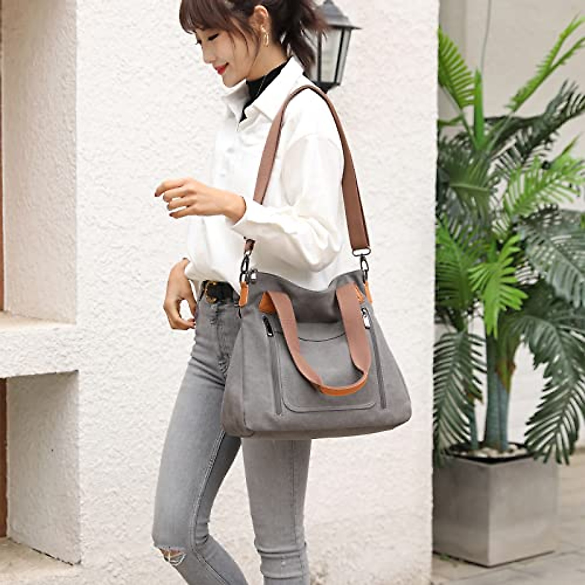 DOURR Multi Pocket Crossbody Bags for Women Casual Work Shoulder Tote Purses Retro Top Handle Handbags (Gray)