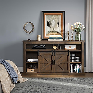 Fiona's magic TV Stand for 65+ Inch TV, Farmhouse Entertainment Center with Sliding Barn Doors, Wood Rustic Console Table with Storage Cabinets, TV Cabinet Media Console for Living Room (Barnwood)