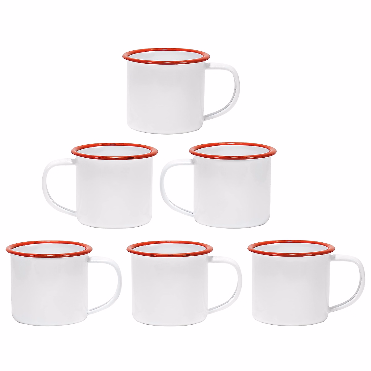 Red Co. Set of 6 Enamelware Metal Small Classic 5 Oz Round Coffee and Tea Mug with Handle, Solid White/Red Rim