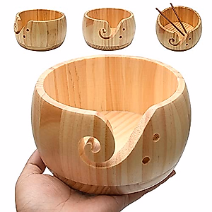 Wooden Yarn Bowl with Bamboo Crochet Hooks & Holes, Knitting Accessories DIY Hand Craft Yarn Storage Bowls for Yarn Balls & Skeins, Birthday Gifts for Mom & Knitting Lovers (Type B)