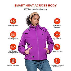 DEWBU Soft Shell Heated Jacket for Women with 12V Battery Pack and Detachable Hood Outdoor Electric Heating Coat, Purple, XL