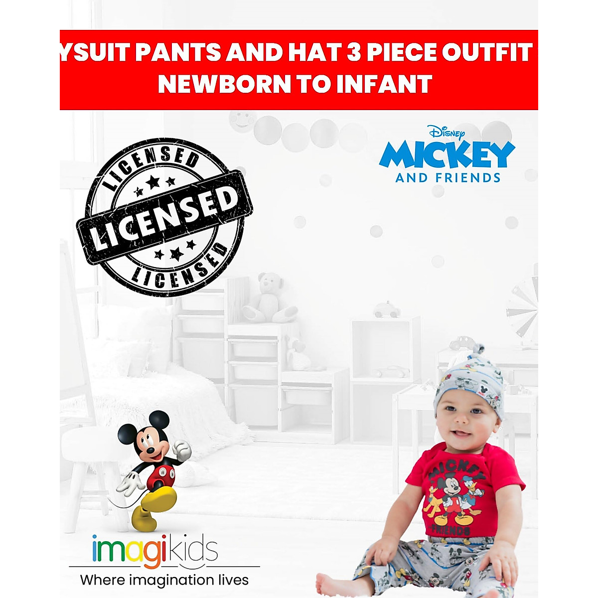Disney Donald Duck Pluto Mickey Mouse Infant Baby Boys 3 Piece Outfit Set Cuddly Bodysuit Pants Hat 3-6 Months