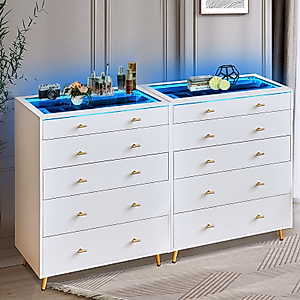JanflyHome 5 Drawer Dresser for Bedroom Tall, Glass Dresser with 20 Colors LED Lights, Wardrobe Closet Island as Jewelry Organize, Jewelry Dresser Display, White