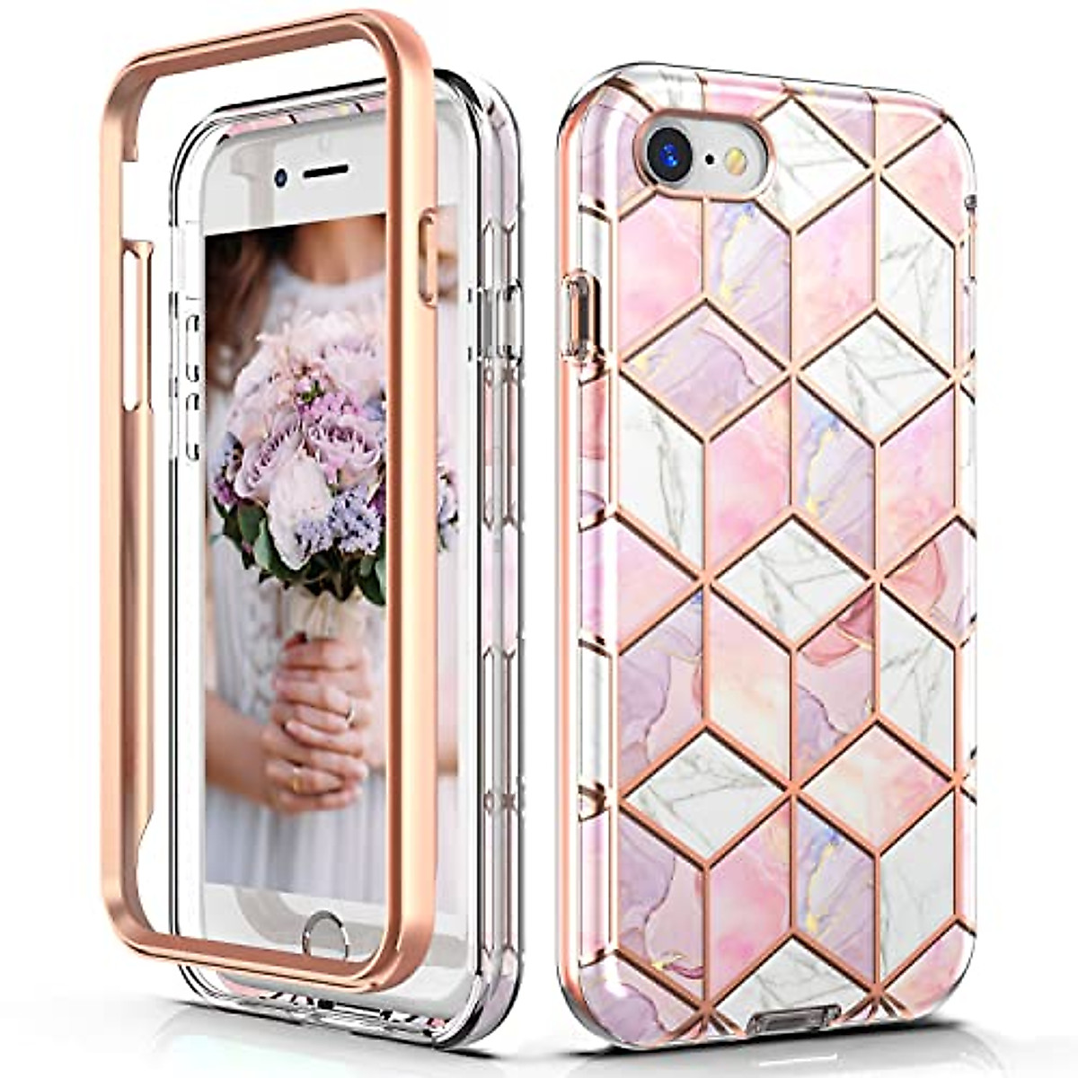 Hasaky Case for iPhone SE 2022 Case,iPhone SE 2020 Case,iPhone 8 Case,iPhone 7 Case,iPhone 6s/6 Case,Dual Layer TPU+PC Heavy Duty Anti-Scratch Shockproof Protective Phone Case - Pink/Rose Gold Marble