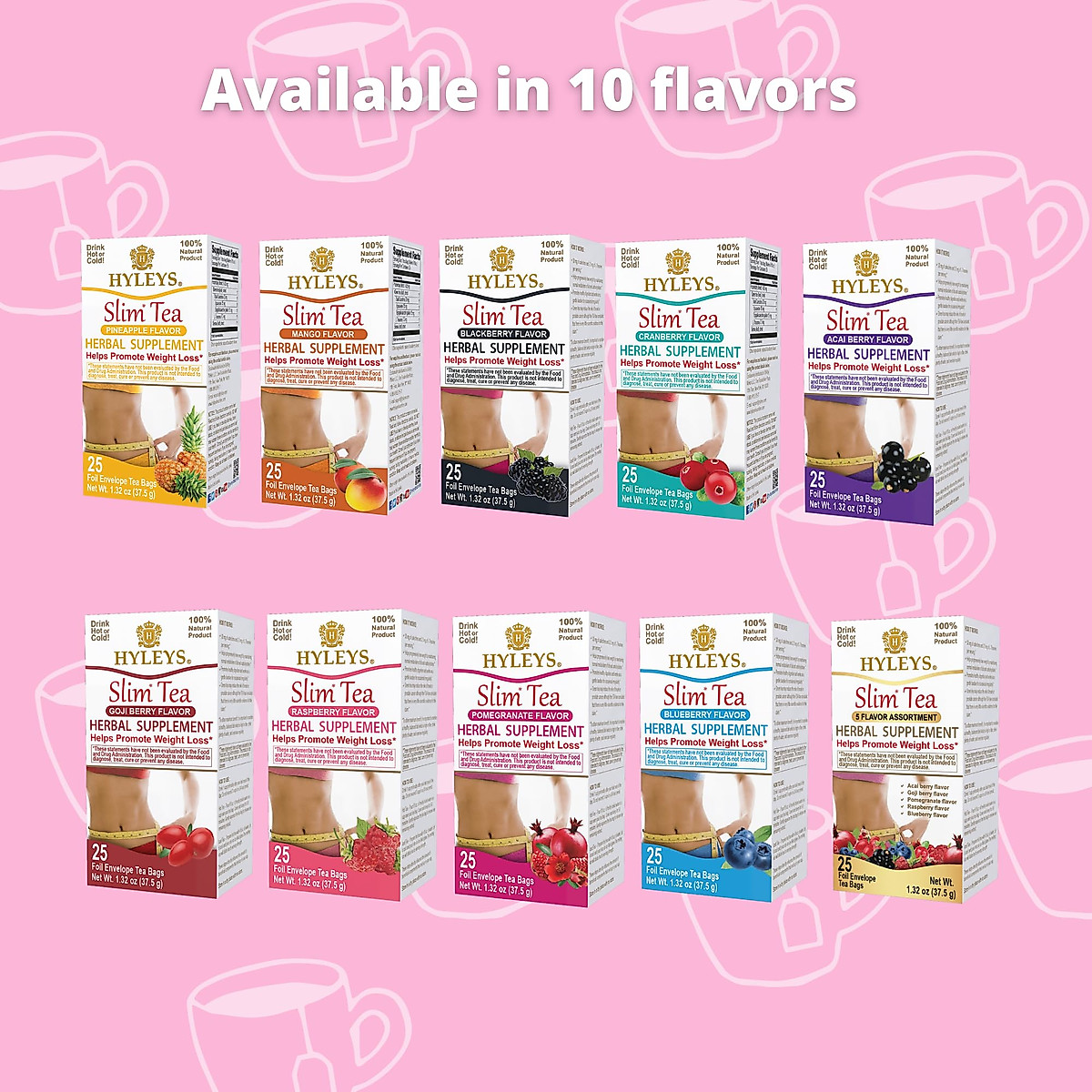 Hyleys Slim Tea 5 Flavor Assortment - Weight Loss Herbal Supplement Cleanse and Detox - 25 Tea Bags (1 Pack)