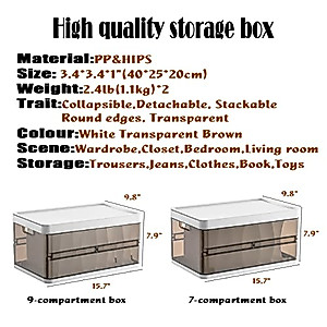 AARAINBOW Stackable Plastic Storage Bins with lids 2 Pc, Foldable Closet Clothes Organizer with Handle Wardrobe Jeans Storage Box, Clear Drawer Organizers for Cloth Toy, 18L (7+9 Grids, Clear Tawny)