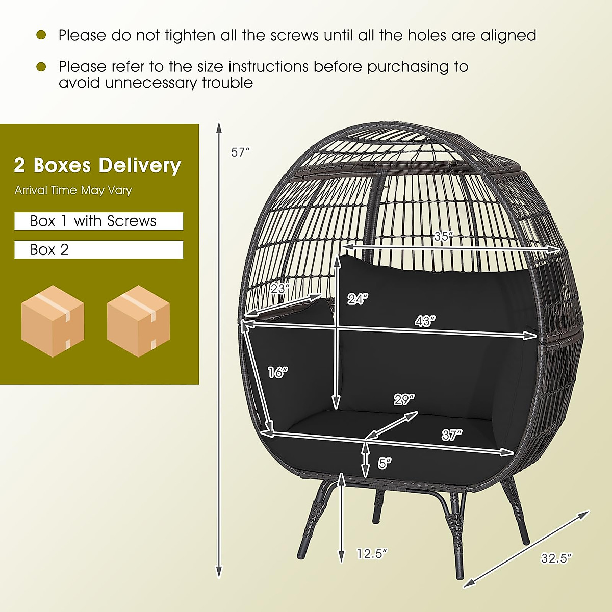 MAT EXPERT Oversized Egg Chair, Wicker Patio Basket Circle Lounge Chair w/Metal Stand & 4 Thick Cushions, PE Rattan Egg Lounger Outdoor Indoor for Backyard, Balcony, Living Room (Black)