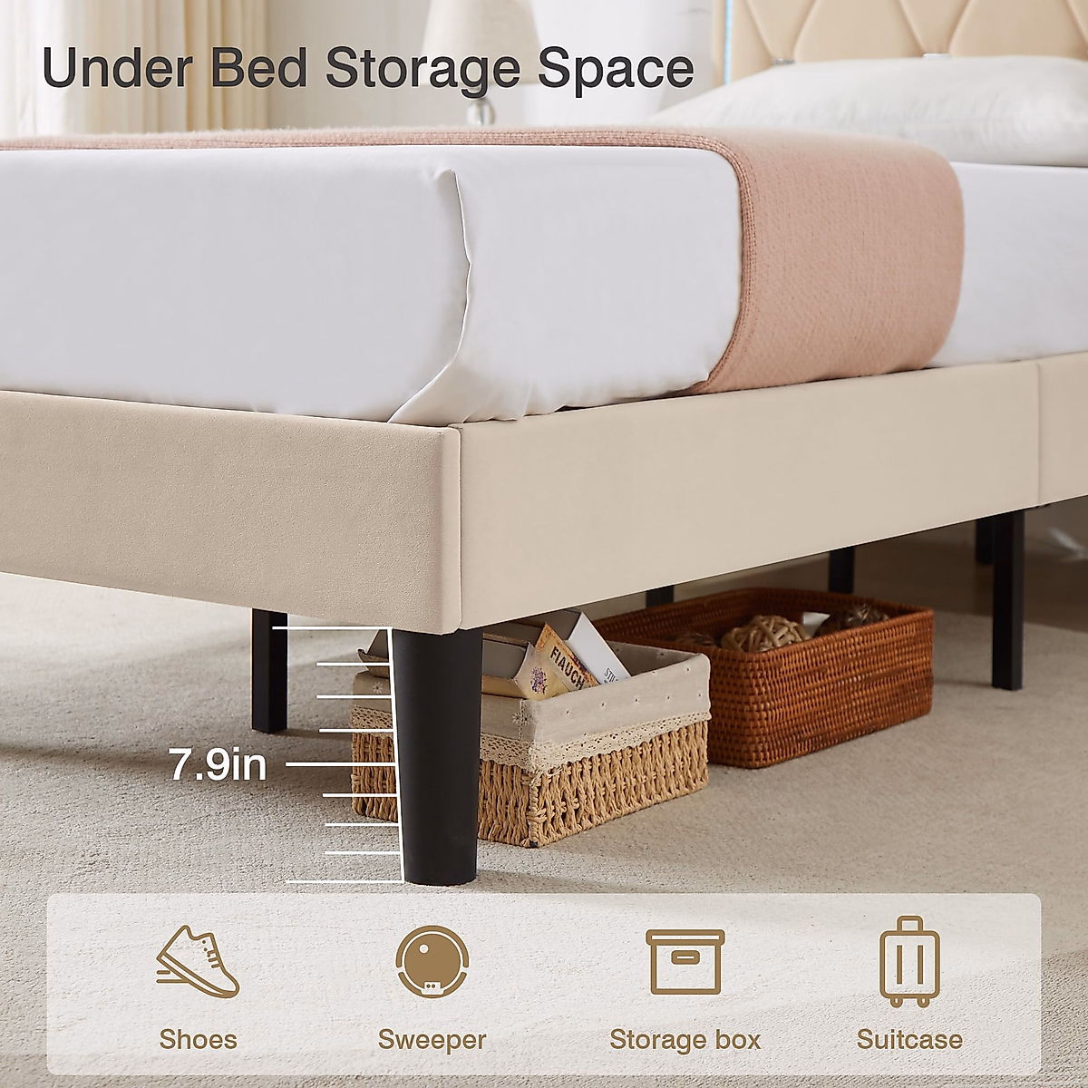 VECELO Upholstered Twin Bed Frame with Headboard Adjustable, Velvet Platform Bed with LED Lights, Charging Station, Mattress Foundation with Wooden Slats, Noise Free, No Box Spring Needed, Beige