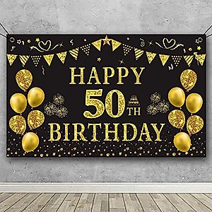 Trgowaul 50th Birthday Decorations Women Men - Large Black and Gold 50 Birthday Banner Backdrop, Happy 50th Birthday Party Supplies Photography Background, 50 Years Old Bday Gifts Poster her 51"×83"