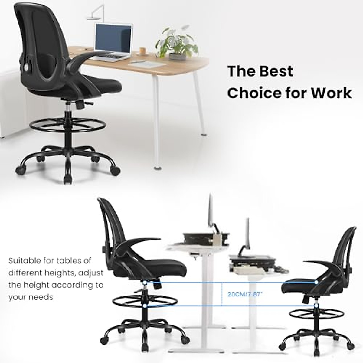Razzor Drafting Chair Tall Ergonomic Office Chair Standing Desk Stool Chair with Adjustable Lumbar Support and Footrest Ring Executive Computer Chair