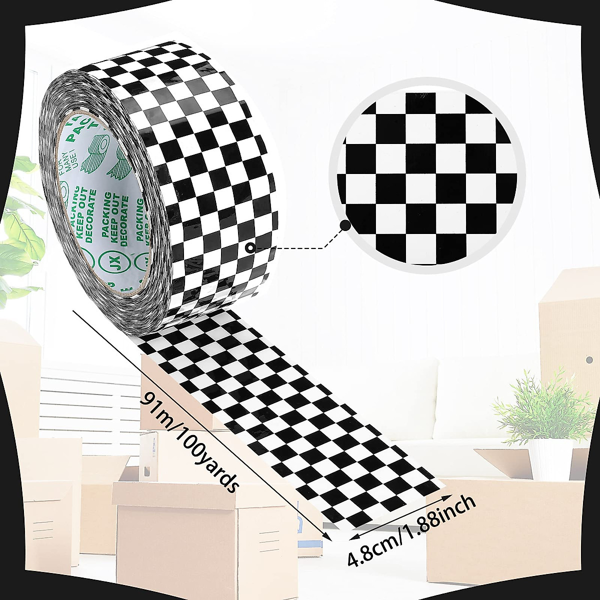 MTLEE Checkered Flag Tape Checkered Packing Tape Race Car Tape Printed Tape 1.88 Inches 100 Yards DIY Crafts Buffalo Tape Single Roll for Scrapbooking DIY Crafts Box Decoration
