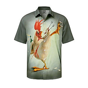 Hardaddy Men's Gongfu Rooster Chest Pocket Printed Short Sleeve Button Down Summer Casual Shirt Gray XXL