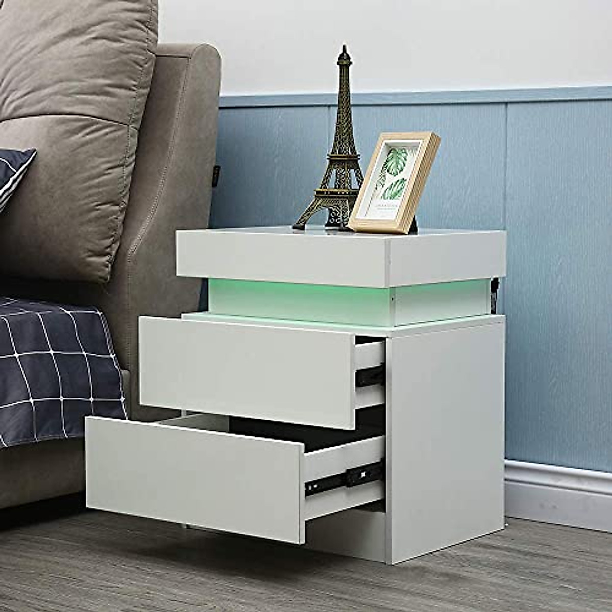 Modern LED End Table & Nightstand for Bedroom - Night Table with Built in Multi-Colour LED High Gloss Backlight - Bedside Cabinet with 2 Drawers for Living Room- Particle Board (White)