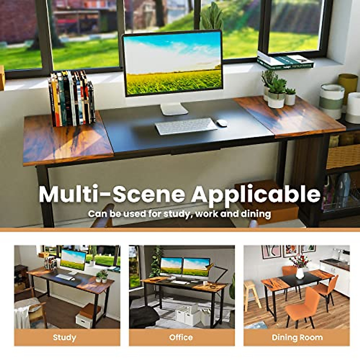 COSTWAY 63” Computer Desk, Modern Home Office Desk, Sturdy Steel Frame Writing Desk with Spacious Splice Desktop, Simple Laptop Desk for Study, Office, Dining Room, Simple Installation